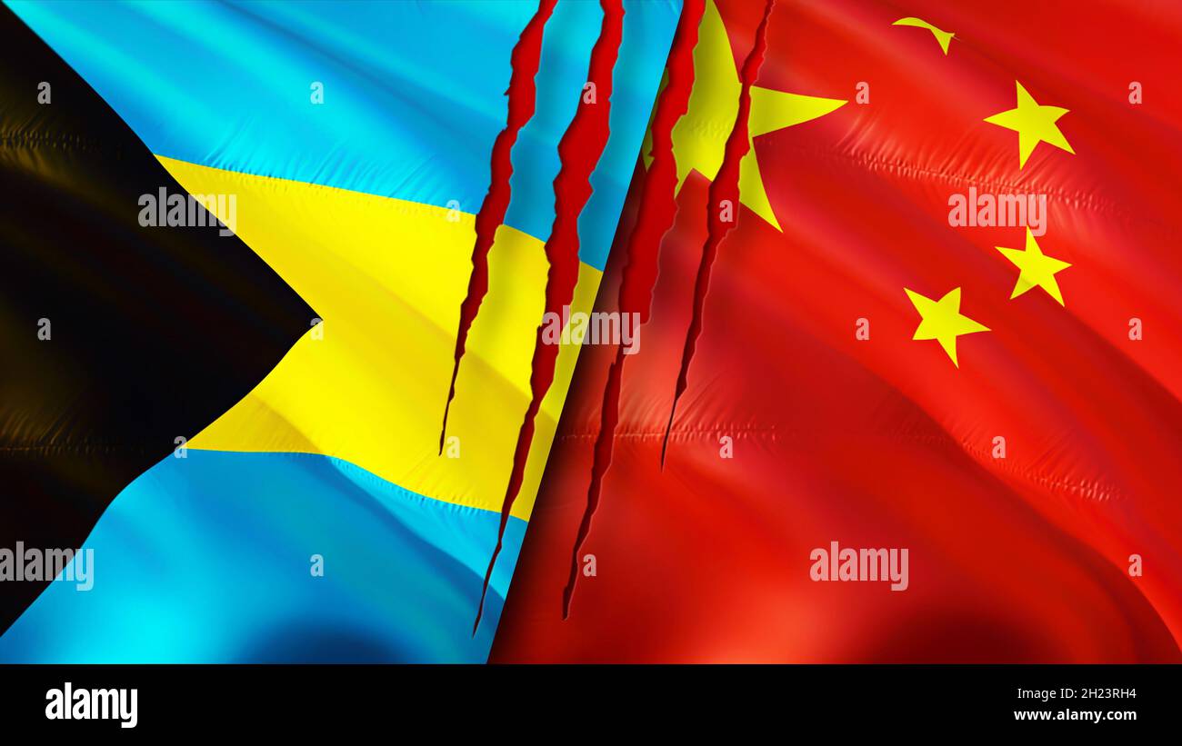 Bahamas and China flags with scar concept. Waving flag,3D rendering ...