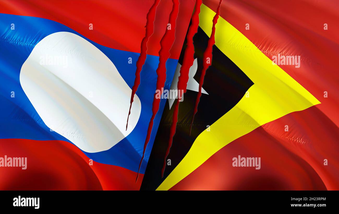 Laos and East Timor flags with scar concept. Waving flag,3D rendering ...