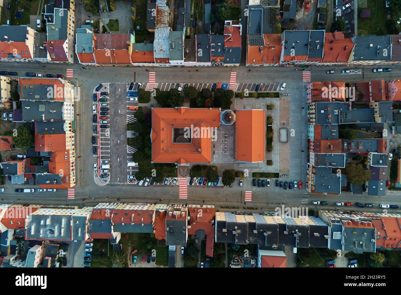 Aerial view of old european city. Central square of small town ...