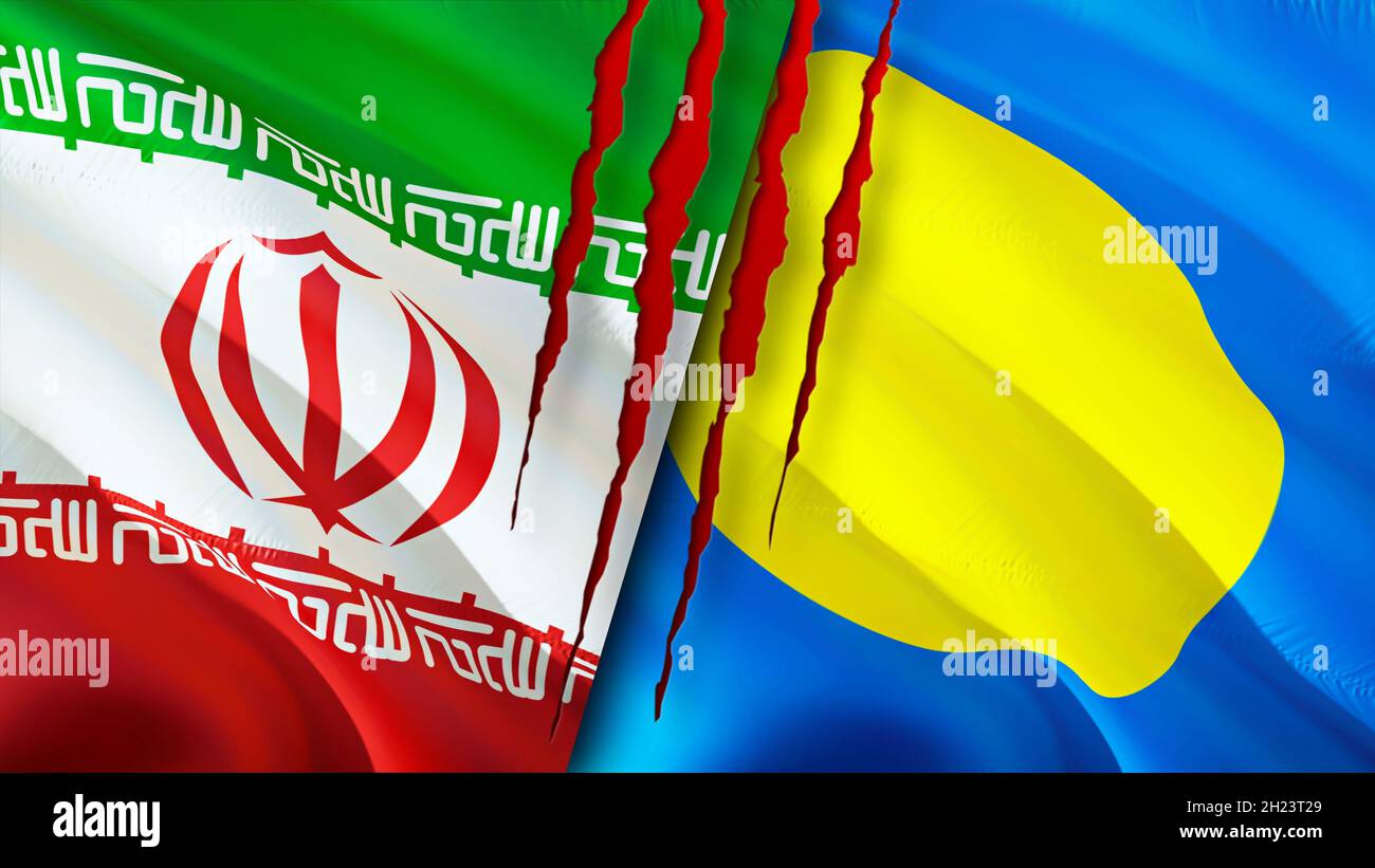 Iran and Palau flags with scar concept. Waving flag,3D rendering. Palau ...