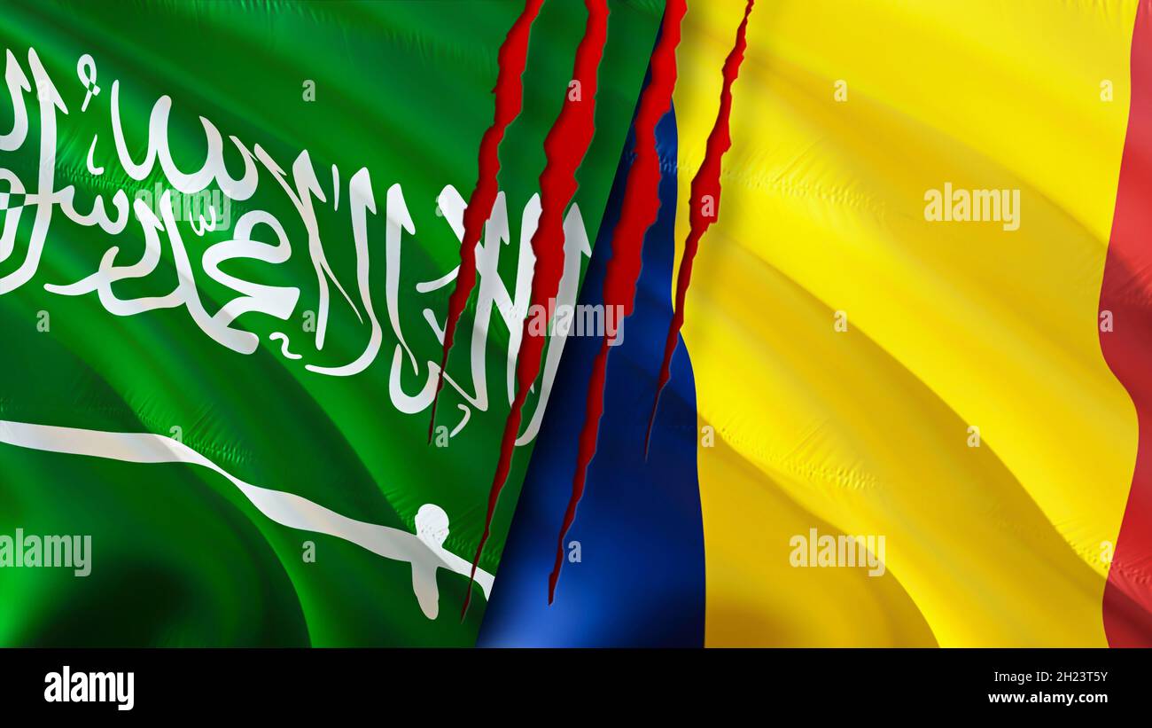 Saudi Arabia and Chad flags with scar concept. Waving flag,3D rendering ...