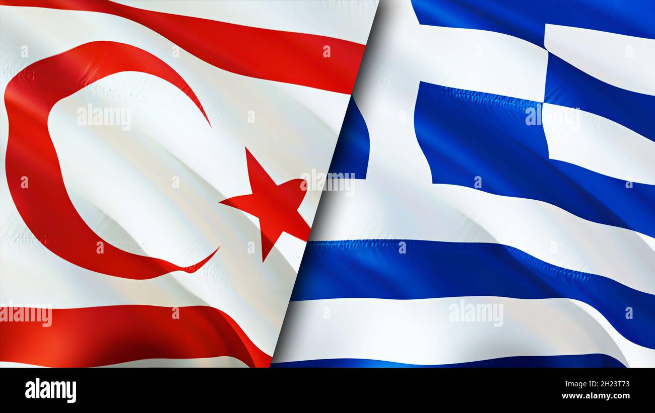 Northern Cyprus and Greece flags. 3D Waving flag design. Northern ...