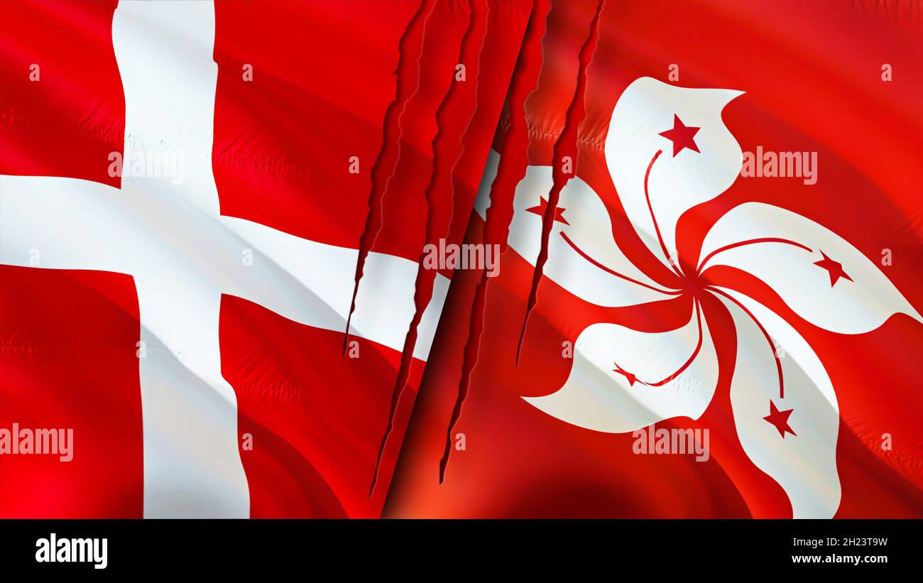 Denmark and Hong Kong flags with scar concept. Waving flag,3D rendering ...