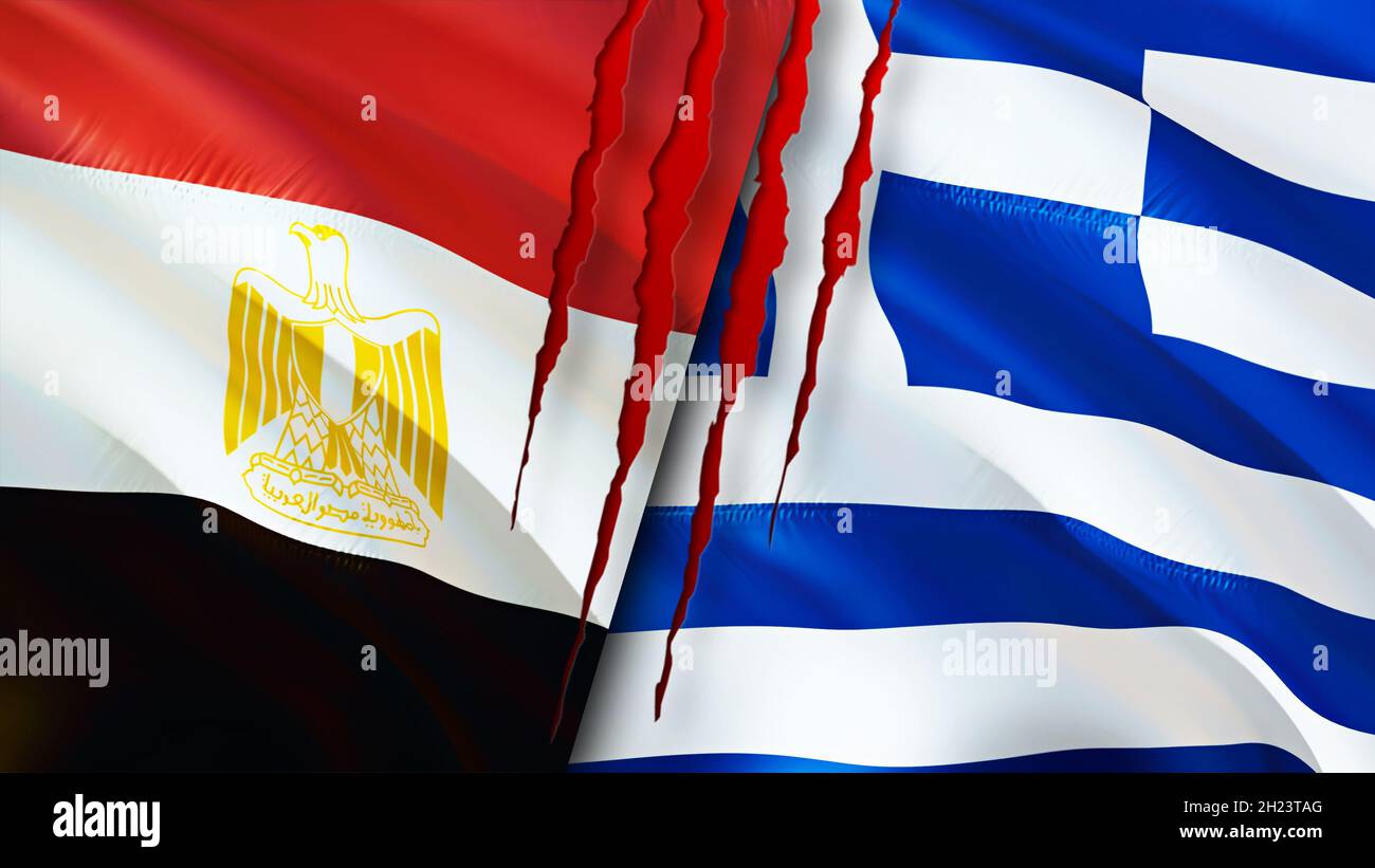 Egypt and Greece flags with scar concept. Waving flag,3D rendering ...