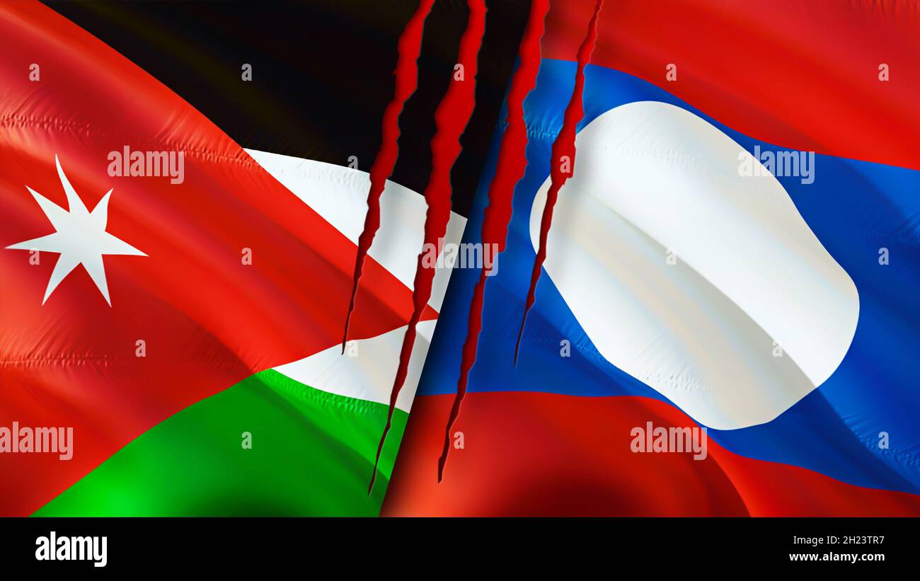Jordan and Laos flags with scar concept. Waving flag,3D rendering. Laos and Jordan conflict ...