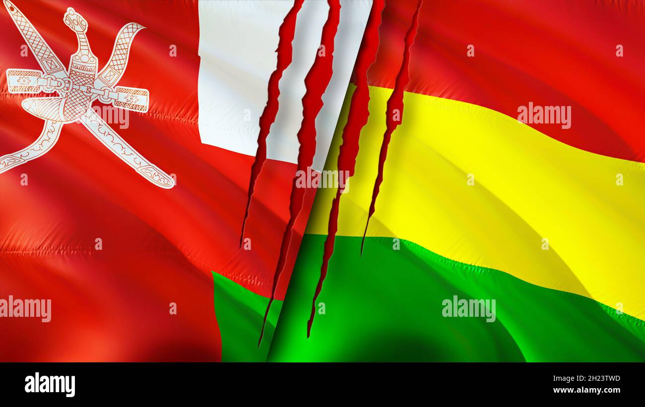 Oman and Bolivia flags with scar concept. Waving flag,3D rendering ...