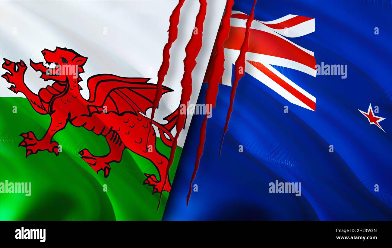 Wales and New Zealand flags with scar concept. Waving flag,3D rendering ...