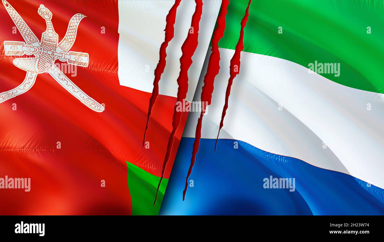 Oman and Sierra Leone flags with scar concept. Waving flag,3D rendering ...