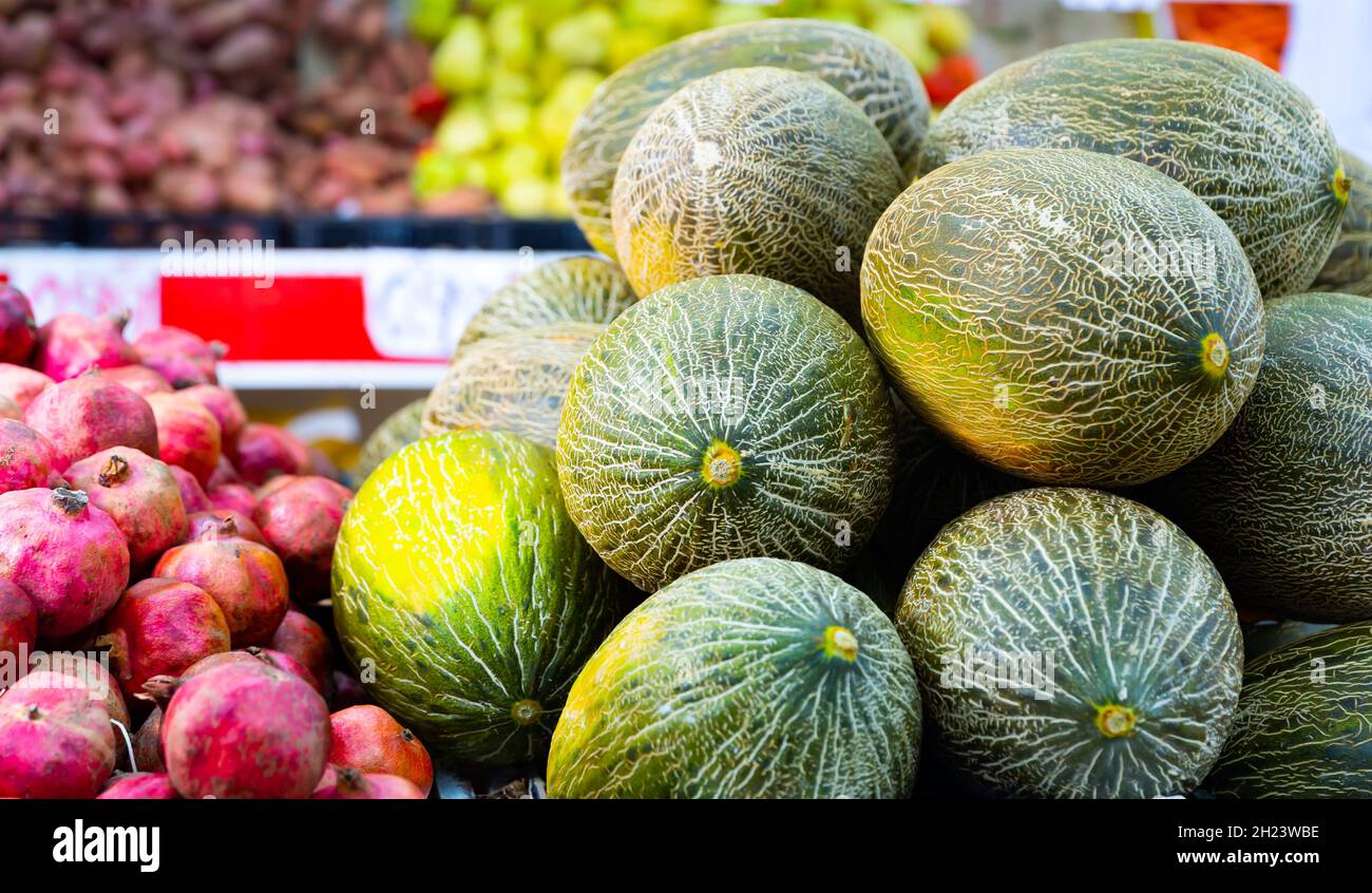 Sweet melons on the counter of the fruit store Stock Photo - Alamy