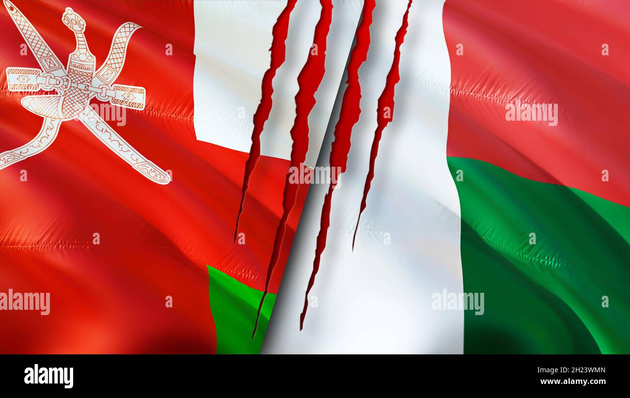 Oman and Madagascar flags with scar concept. Waving flag,3D rendering ...