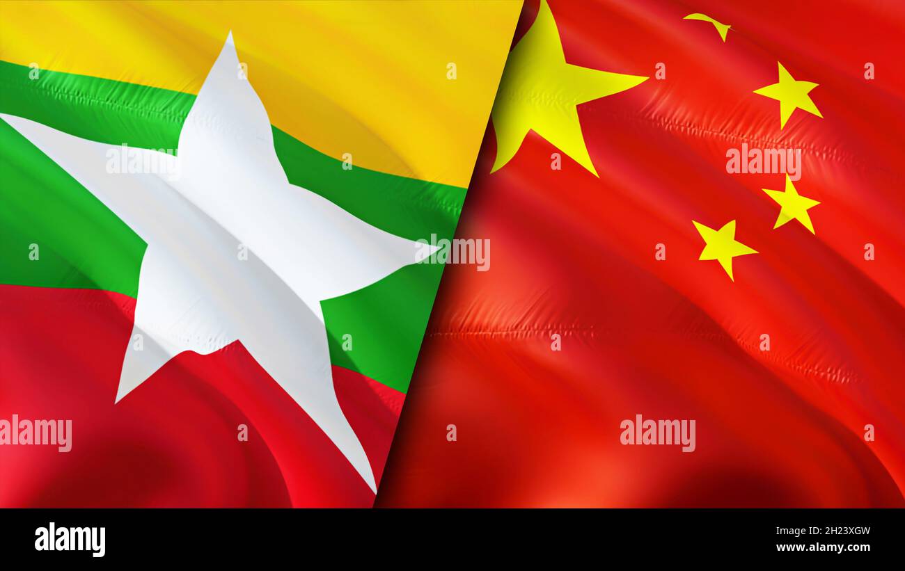 Myanmar and China flags. 3D Waving flag design. China Myanmar flag ...