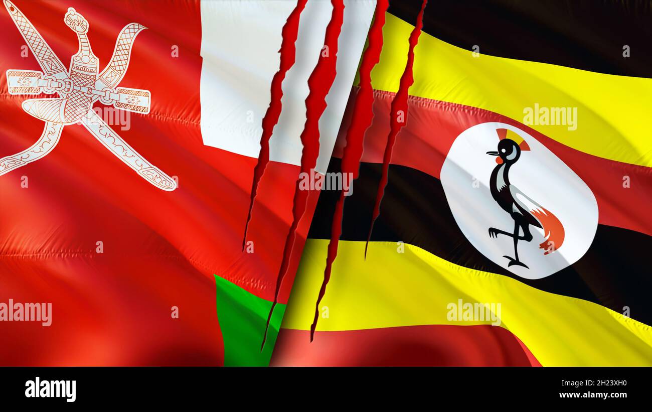 Oman and Uganda flags with scar concept. Waving flag,3D rendering ...