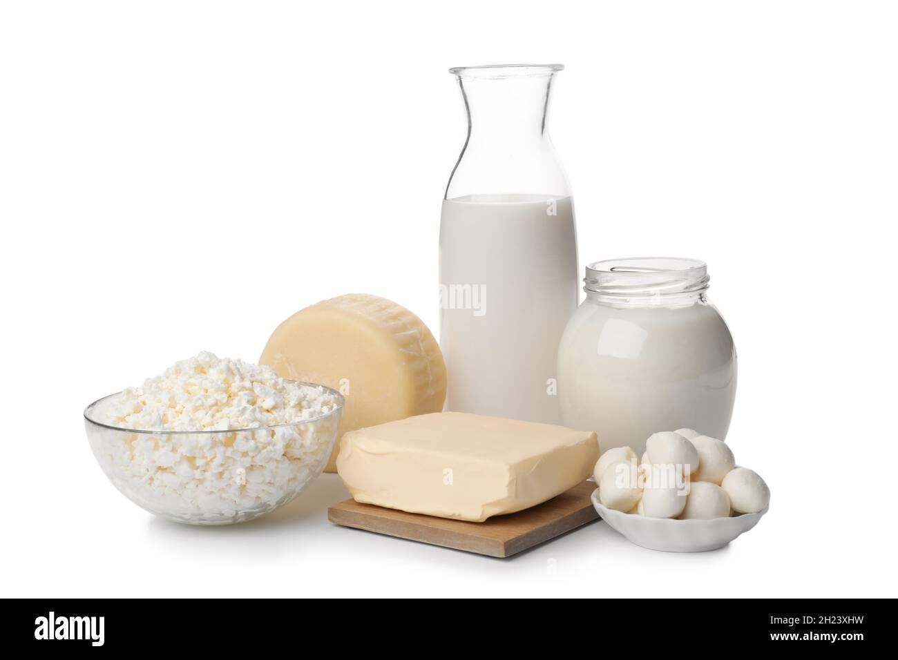 Different dairy products on white background Stock Photo - Alamy
