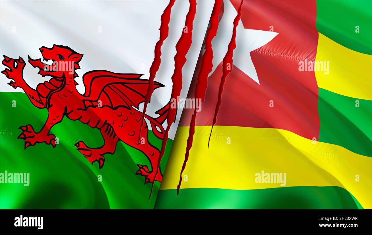 Wales and Togo flags with scar concept. Waving flag,3D rendering. Togo ...