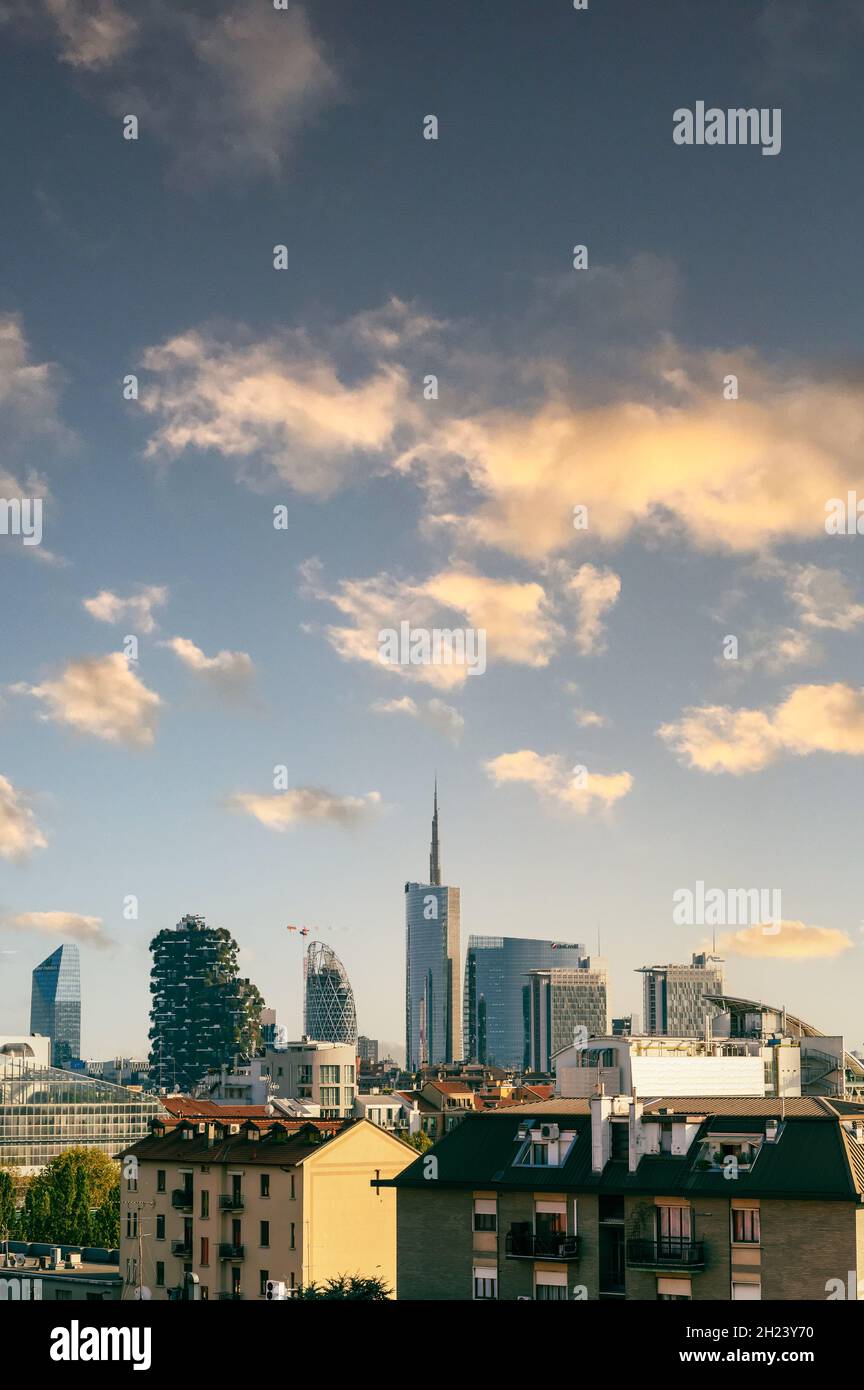 Milan skyline, Italy. Panoramic view of Milano city with Porta Nuovo ...