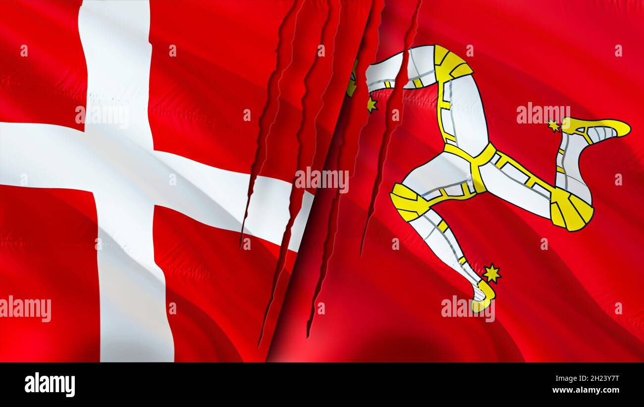 Denmark and Isle of Man flags with scar concept. Waving flag,3D ...