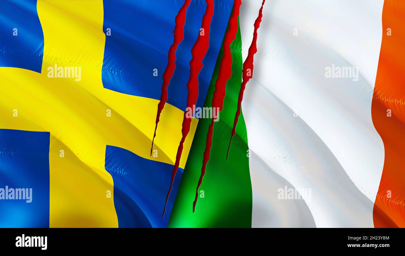 Sweden and Ireland flags with scar concept. Waving flag,3D rendering ...