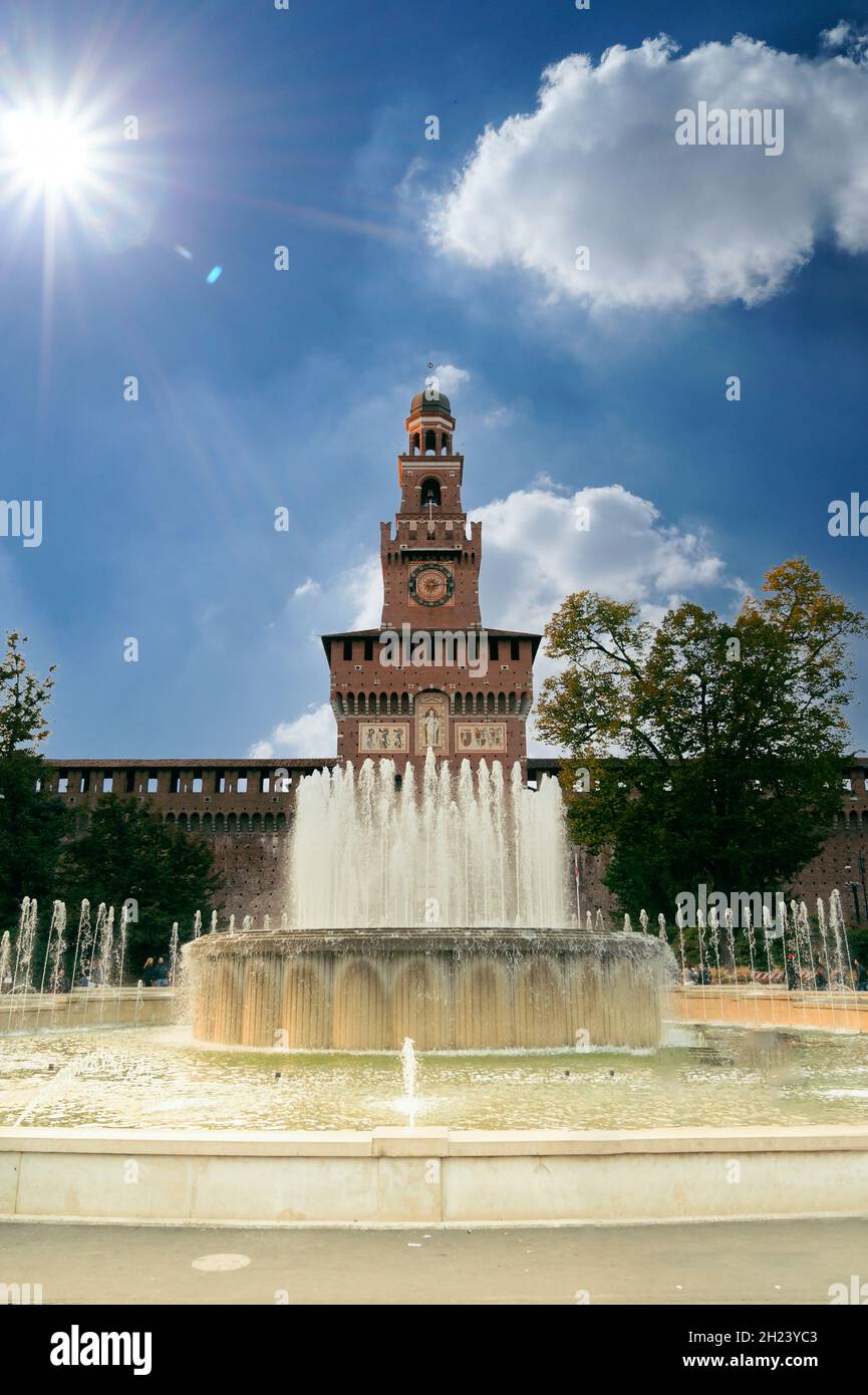 Sforza Castle (Castello Sforzesco) with beautiful fountain, built by ...