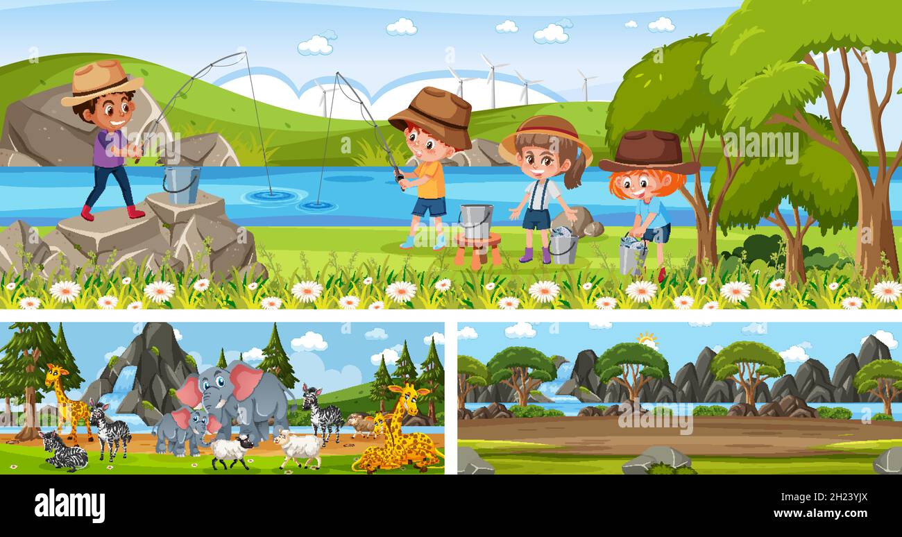 Set of outdoor panoramic landscape with cartoon character illustration ...