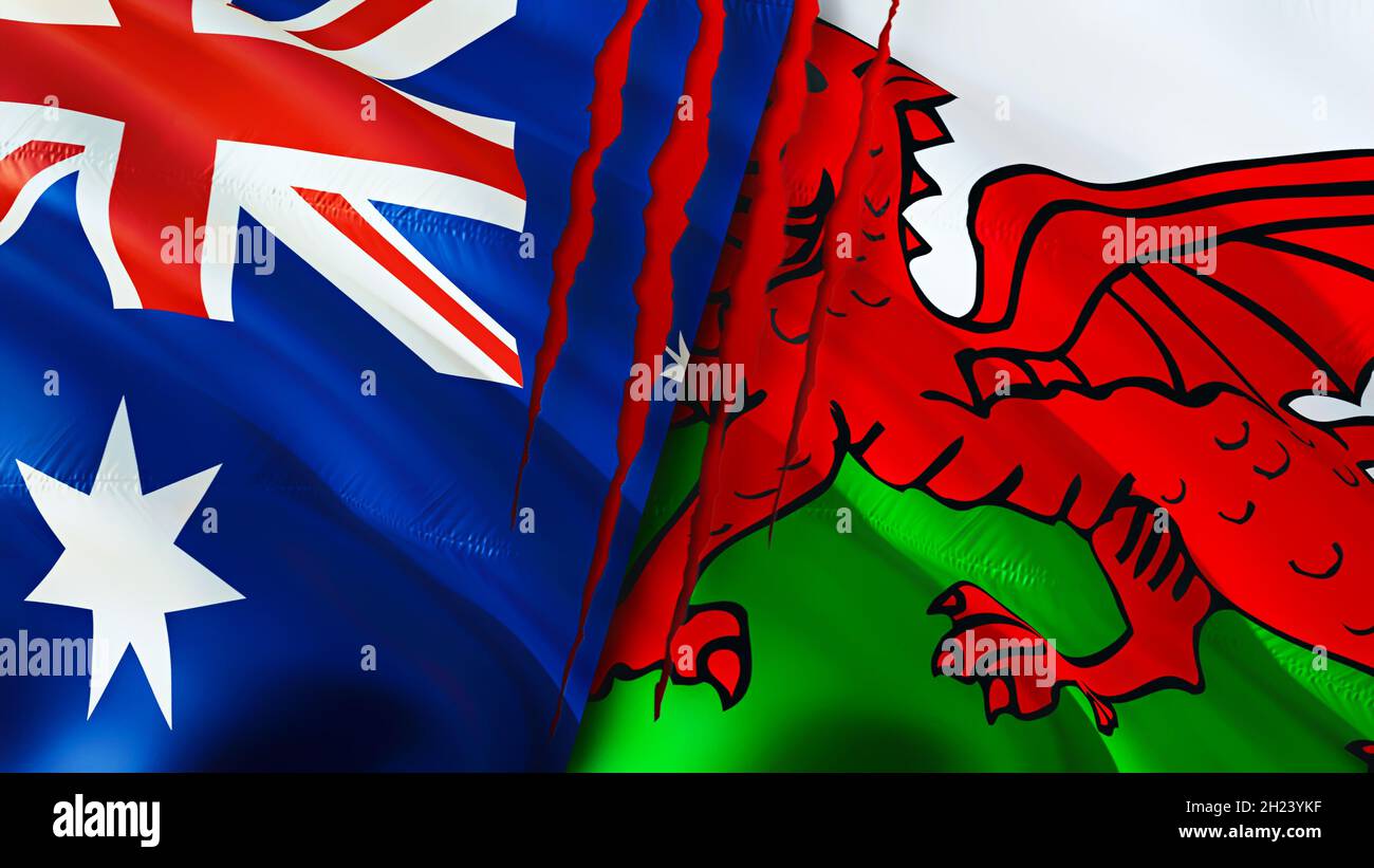 Australia and Welsh flags with scar concept. Waving flag 3D rendering ...