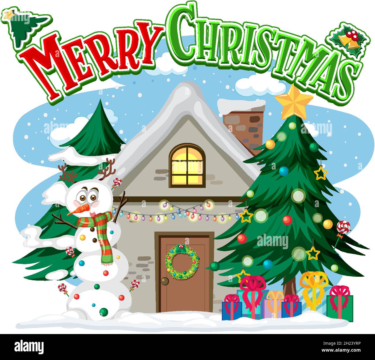 Merry Christmas text logo with winter house and decorations ...