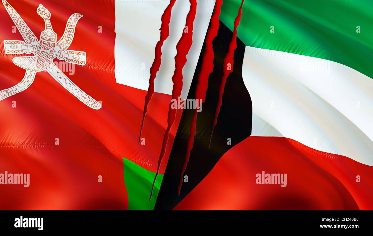 Oman and Kuwait flags with scar concept. Waving flag,3D rendering ...