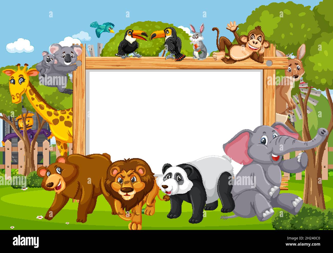 Empty wooden frame with various wild animals in the forest illustration ...