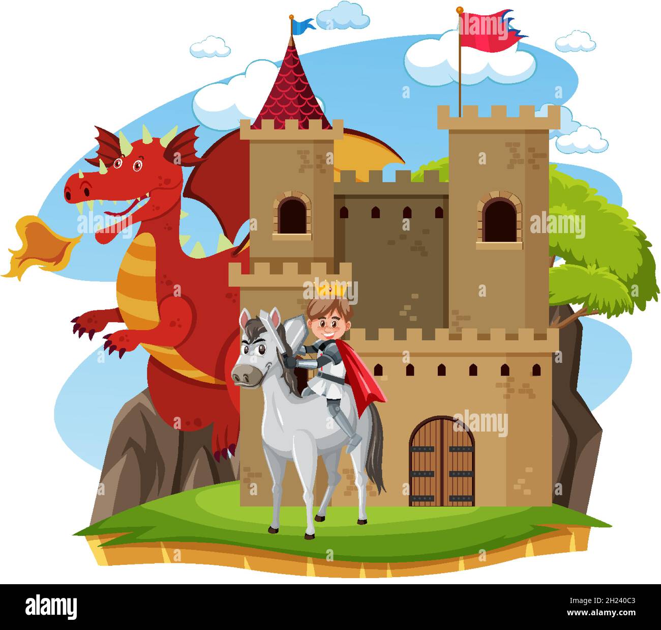 Knights fight with dragon at the castle illustration Stock Vector Image ...