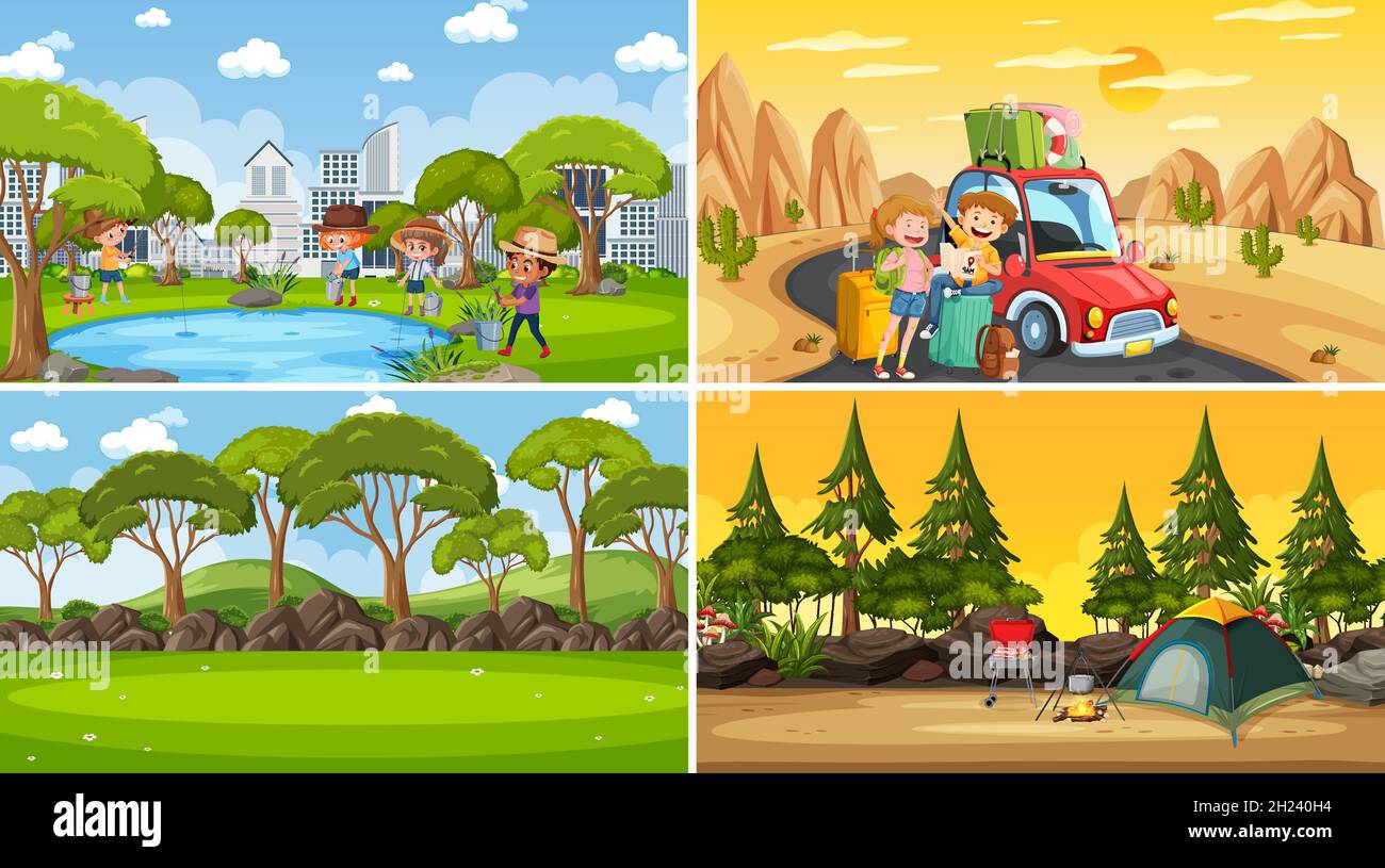 Set of different nature scenes cartoon style illustration Stock Vector ...