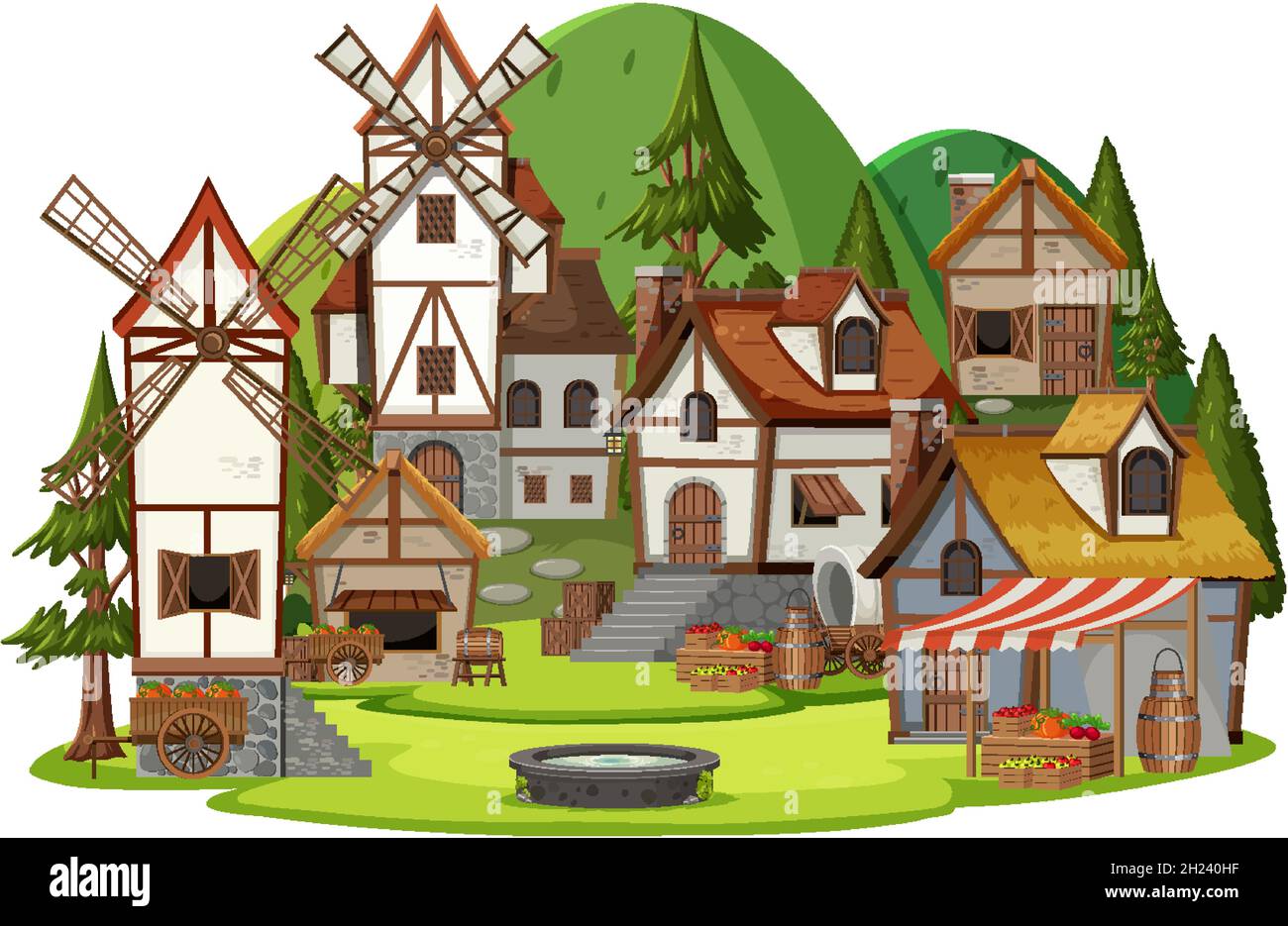 Medieval village with villagers on white background illustration Stock ...