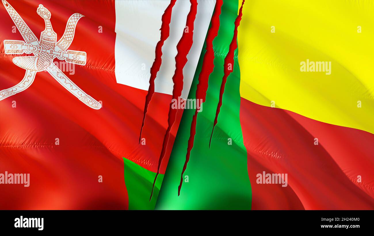 Oman and Benin flags with scar concept. Waving flag,3D rendering. Benin ...