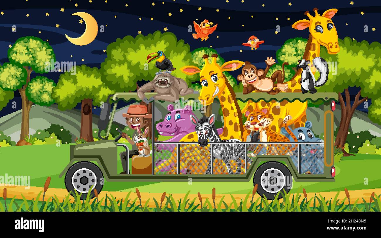 Zoo concept with wild animal group in the tourist car illustration ...