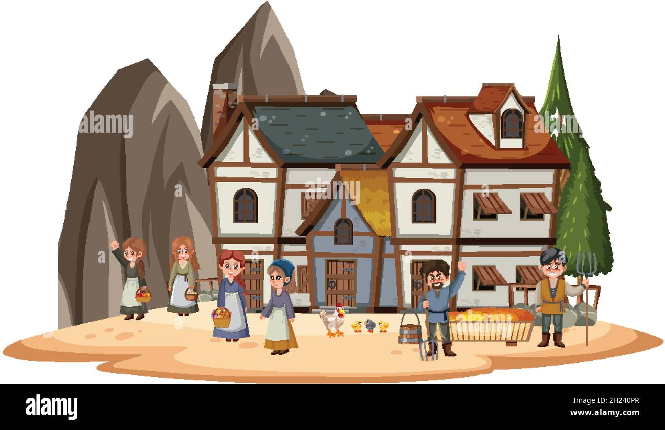 Ancient medieval village with villagers illustration Stock Vector Image ...