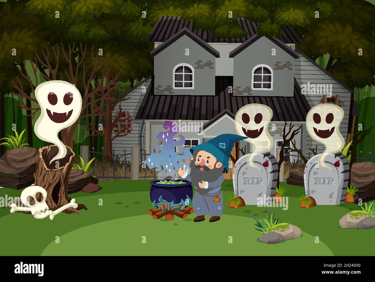 Wizard cooking potion at the haunted house illustration Stock Vector ...