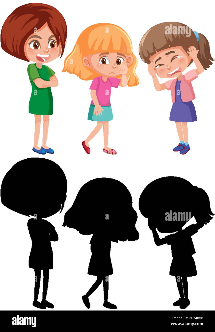 A young woman bullying two little girls cartoon character with ...