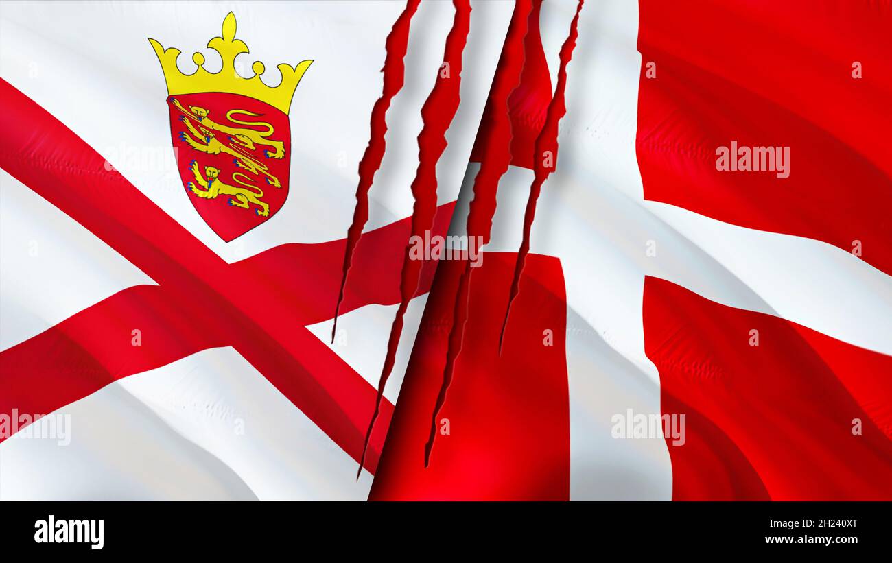 Jersey and Denmark flags with scar concept. Waving flag,3D rendering ...