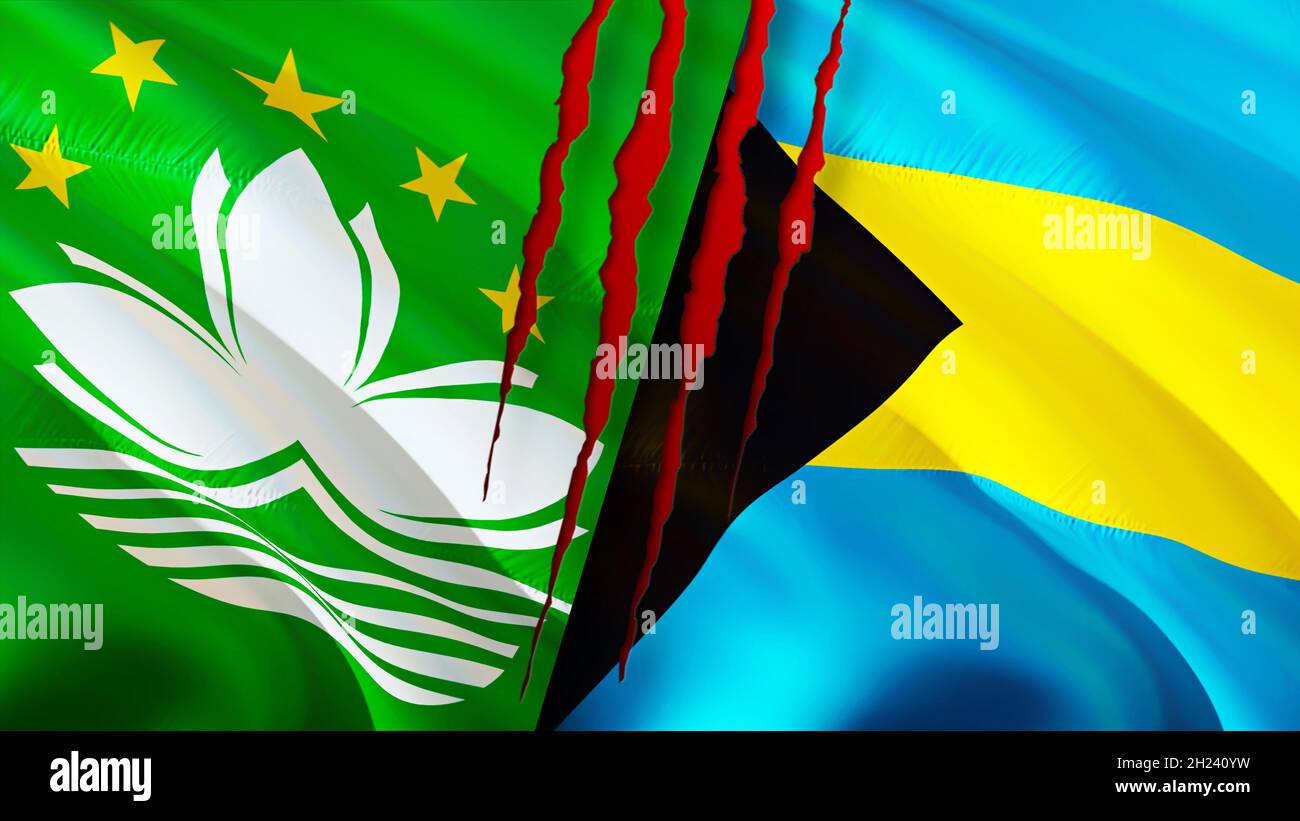 Macau and Bahamas flags with scar concept. Waving flag,3D rendering ...