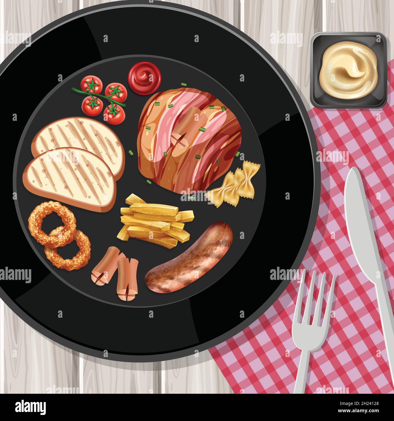 Breakfast set in a dish in cartoon style on the table illustration ...