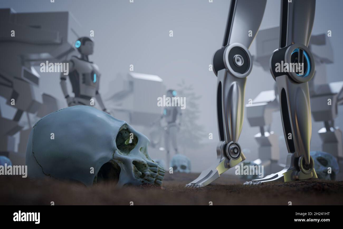 Futuristic war between robots and humans. Human skulls on the ground ...