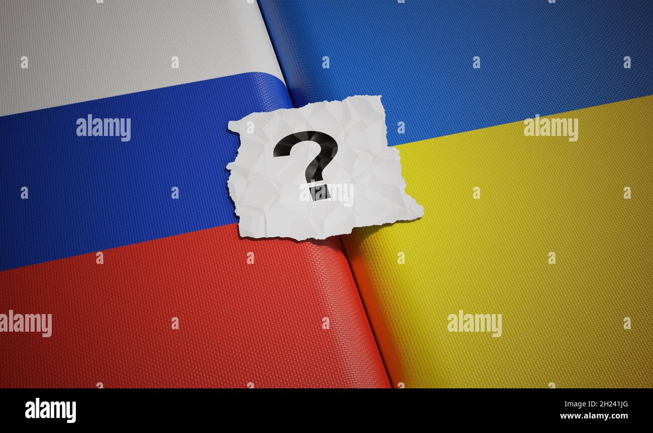 Ukraine and Russia flags with questionmark. 3D rendered illustration ...