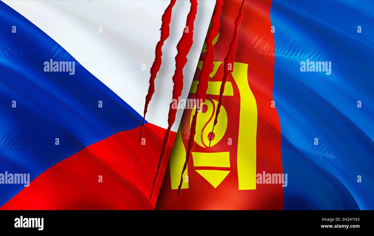 Czechia and Mongolia flags with scar concept. Waving flag,3D rendering ...