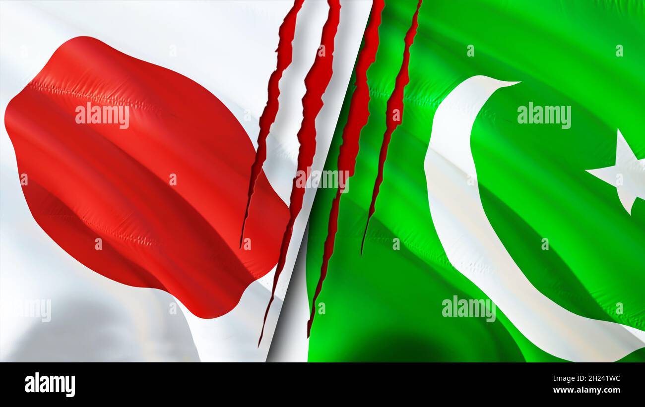 Japan and Pakistan flags with scar concept. Waving flag,3D rendering ...