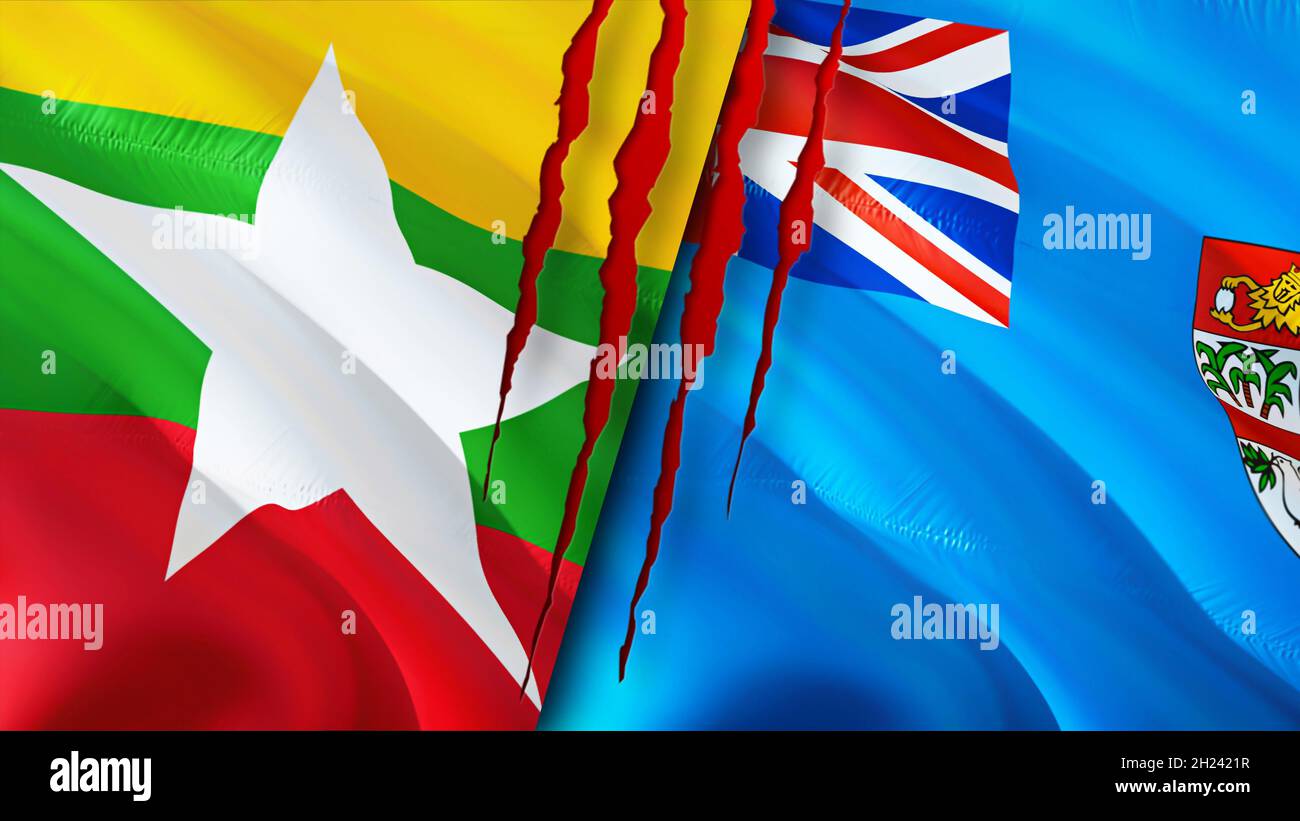 Myanmar and Fiji flags with scar concept. Waving flag,3D rendering ...