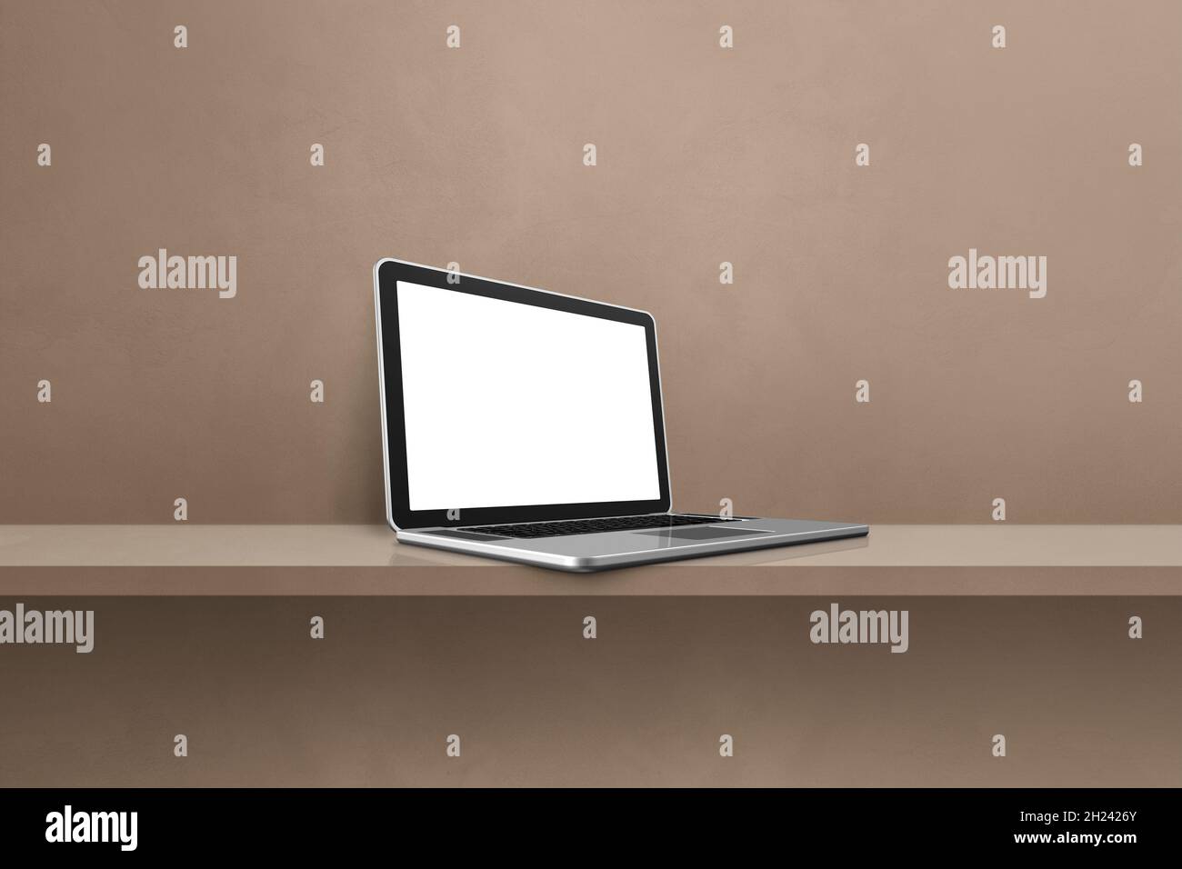 Laptop computer on brown shelf background. 3D Illustration Stock Photo ...