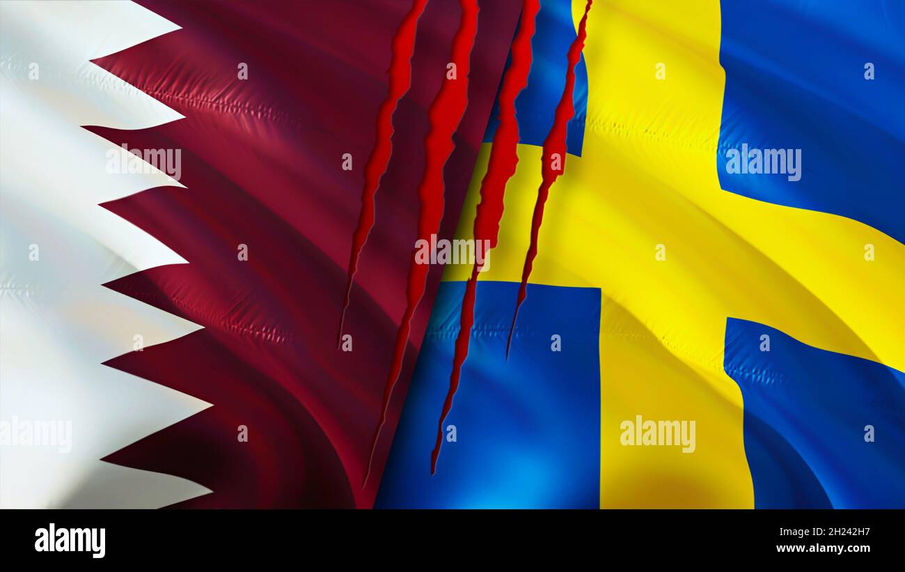 Qatar and Sweden flags with scar concept. Waving flag,3D rendering ...