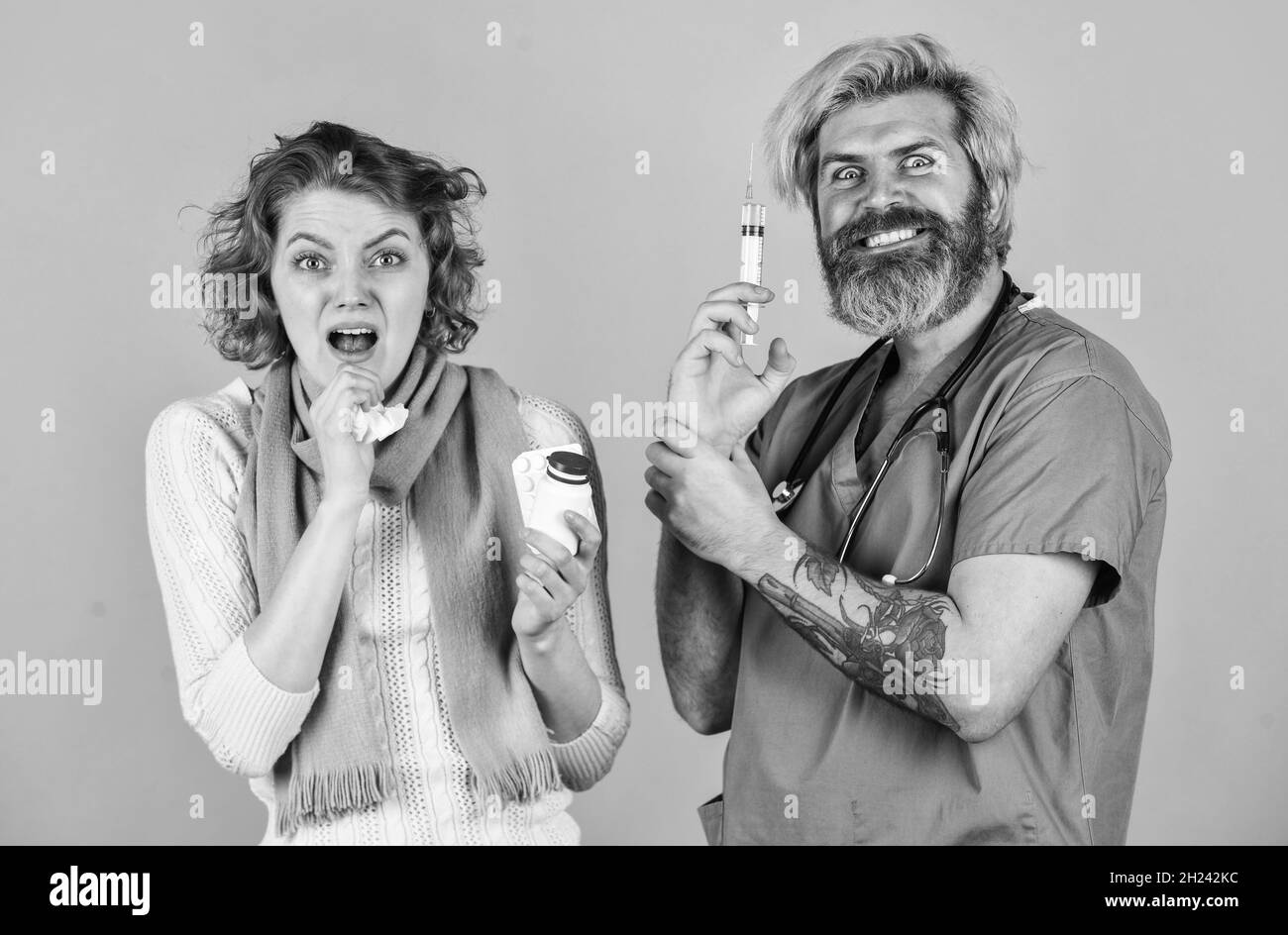 Virus pandemic. Dose injection for sick patient girl. Flu concept ...
