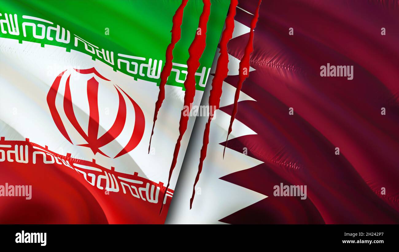 Iran and Qatar flags with scar concept. Waving flag,3D rendering. Qatar ...