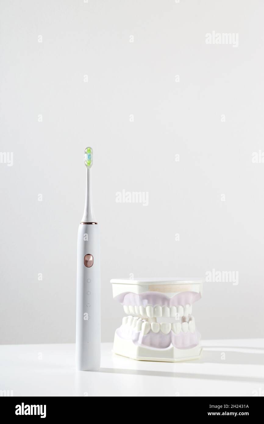 Electronic toothbrush next to jaw model with teeth on light background ...