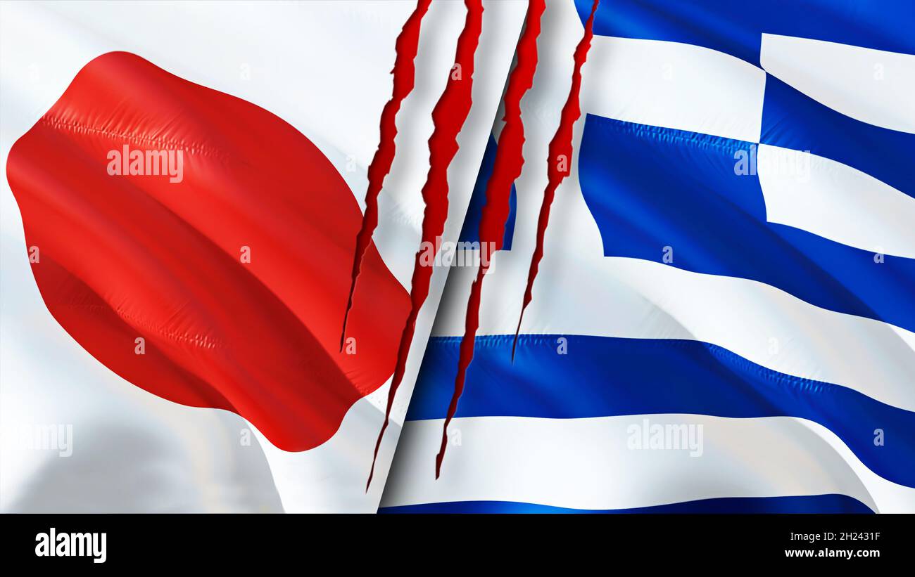 Japan and Greece flags with scar concept. Waving flag,3D rendering ...