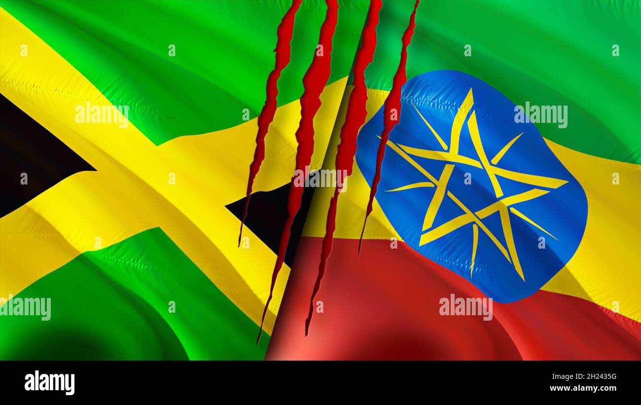 Jamaica and Ethiopia flags with scar concept. Waving flag,3D rendering ...